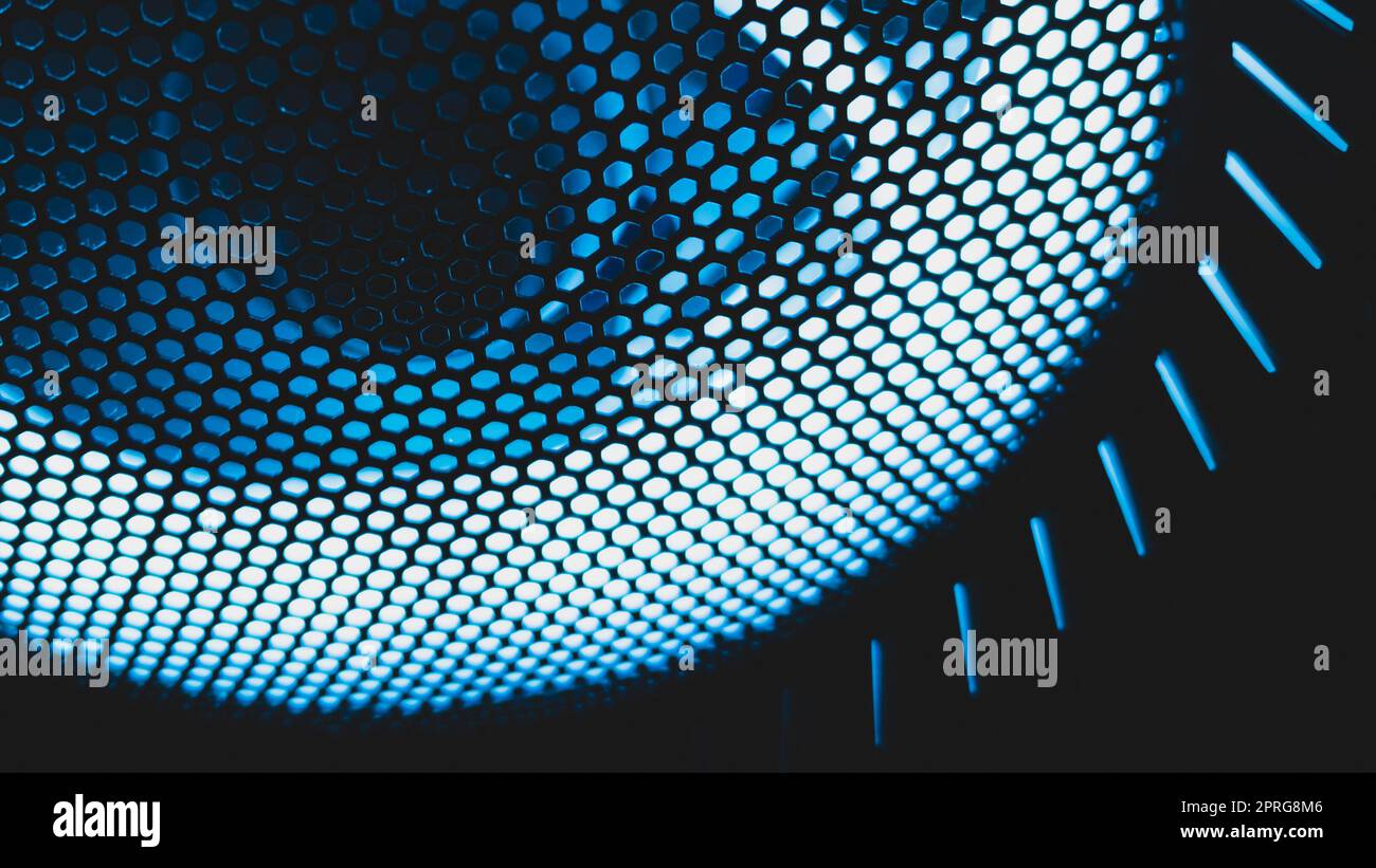 Detail of computer fan with blue color light abstract background ...