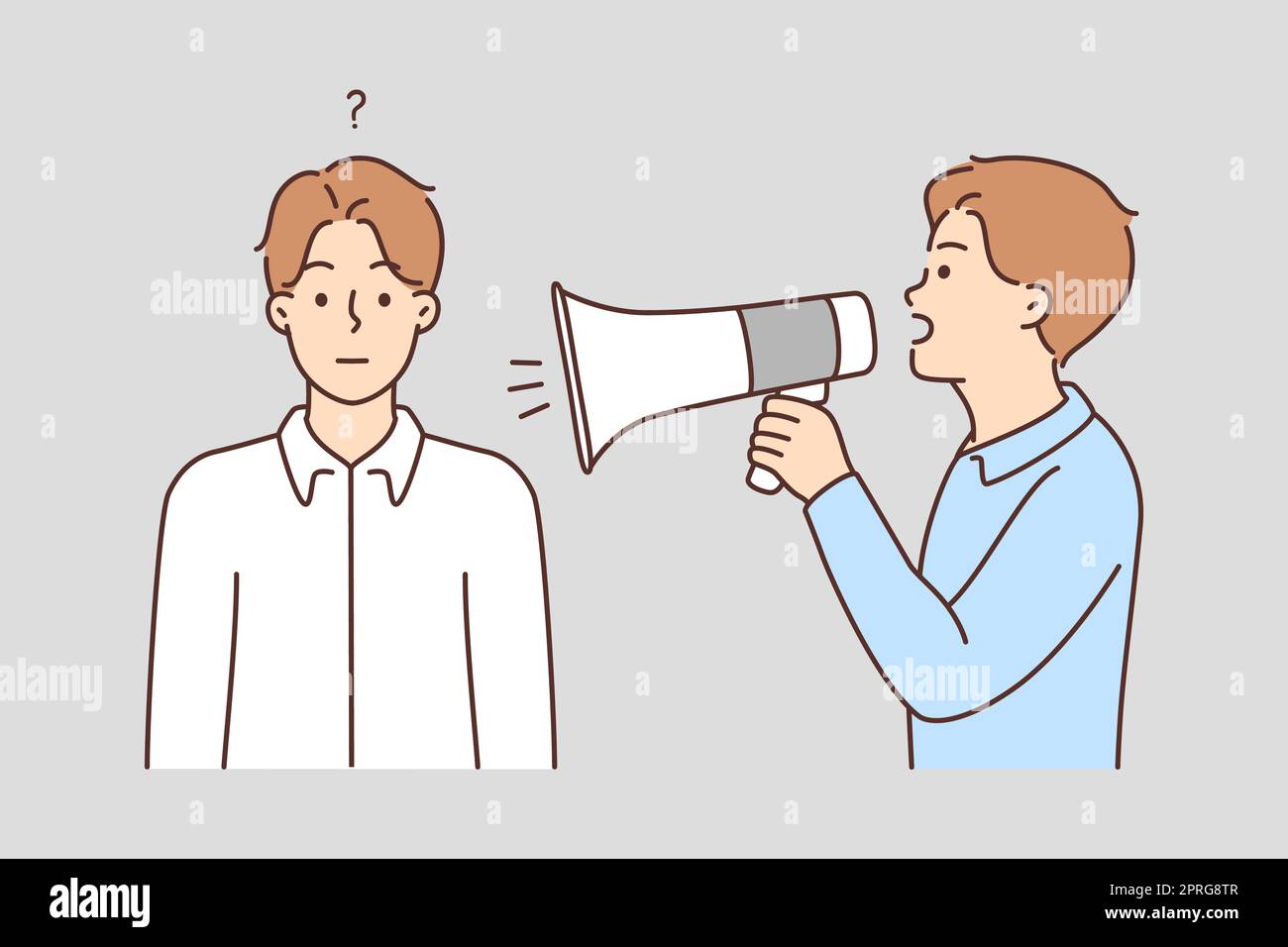 Man with loudspeaker scream in frustrated friend ear. Guy with megaphone shout at confused male ...