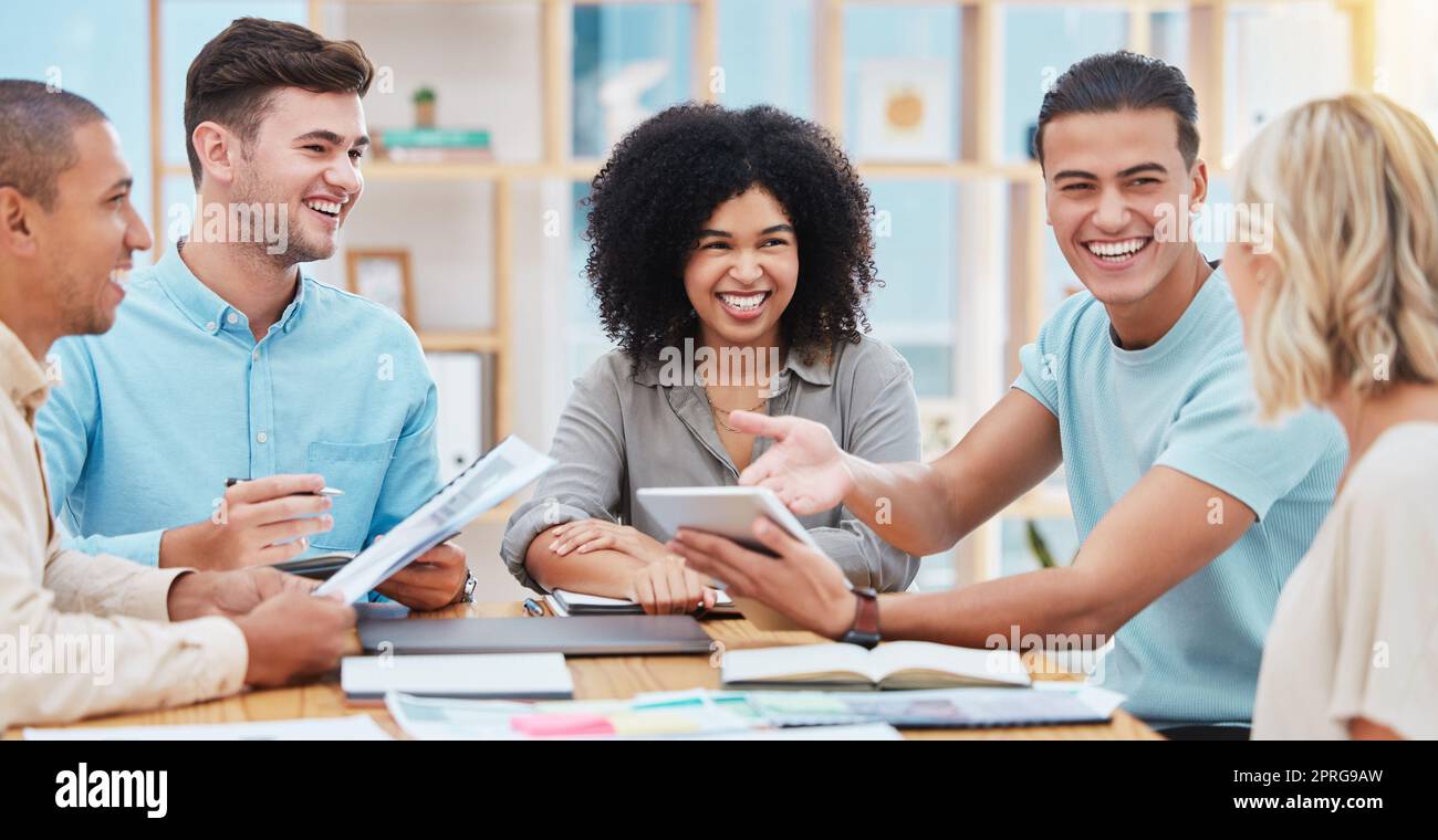 Planning, team collaboration and digital marketing with happy business ...