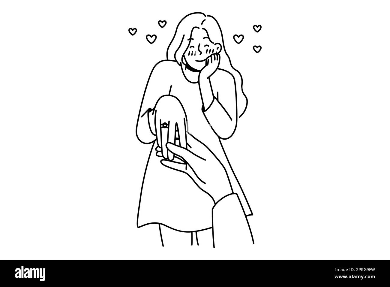 Happy young woman with ring on finger is engaged. Man holding female ...