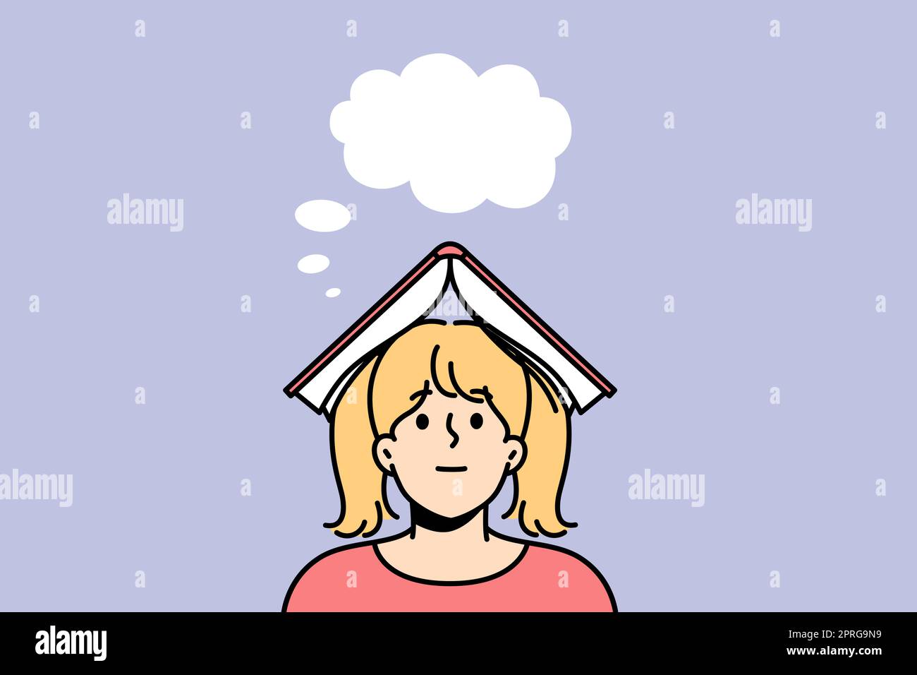 Small girl with book on head dreaming or fantasizing. Little child ...