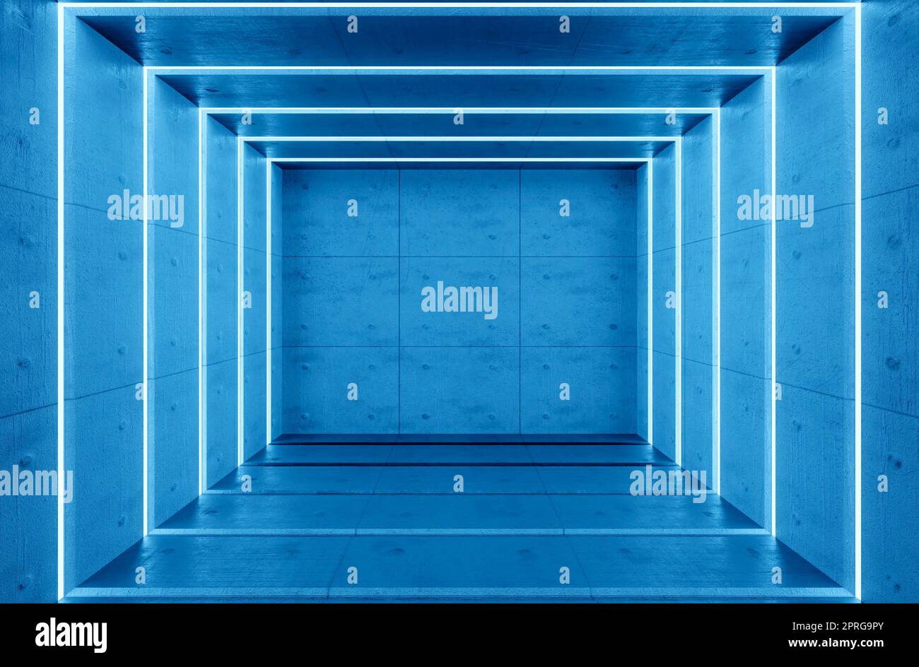 3D render, Abstract blue room interior with White neon lamps ...