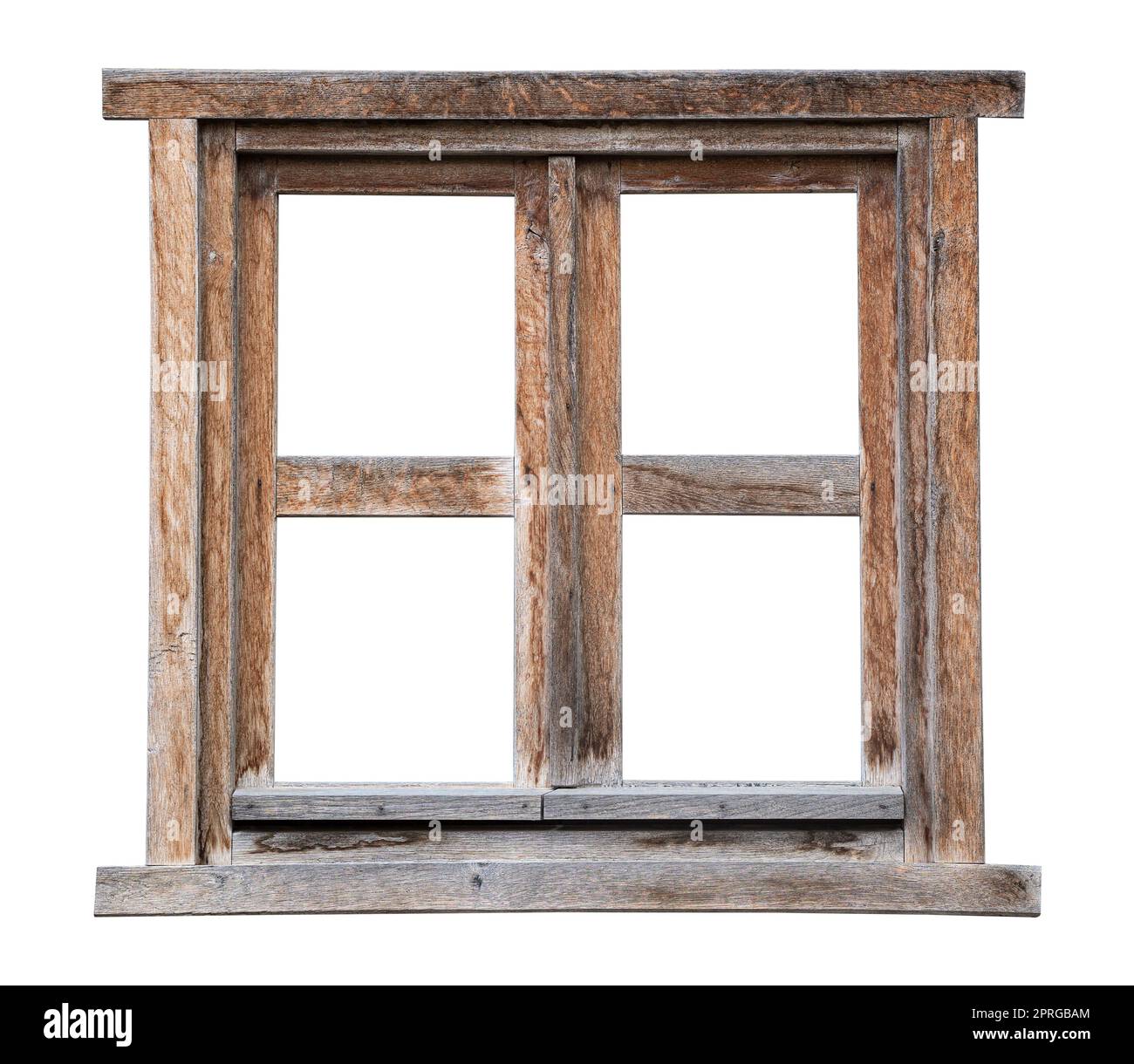 front view closeup of weathered vintage wooden brown window frame ...