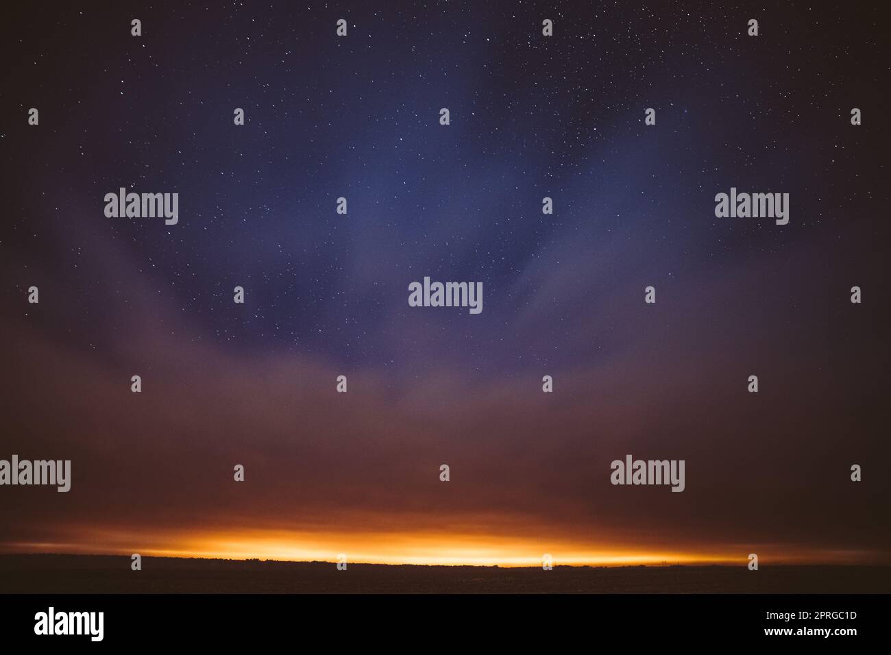 Night Starry Sky With Glowing Stars Above Countryside Landscape. Light ...
