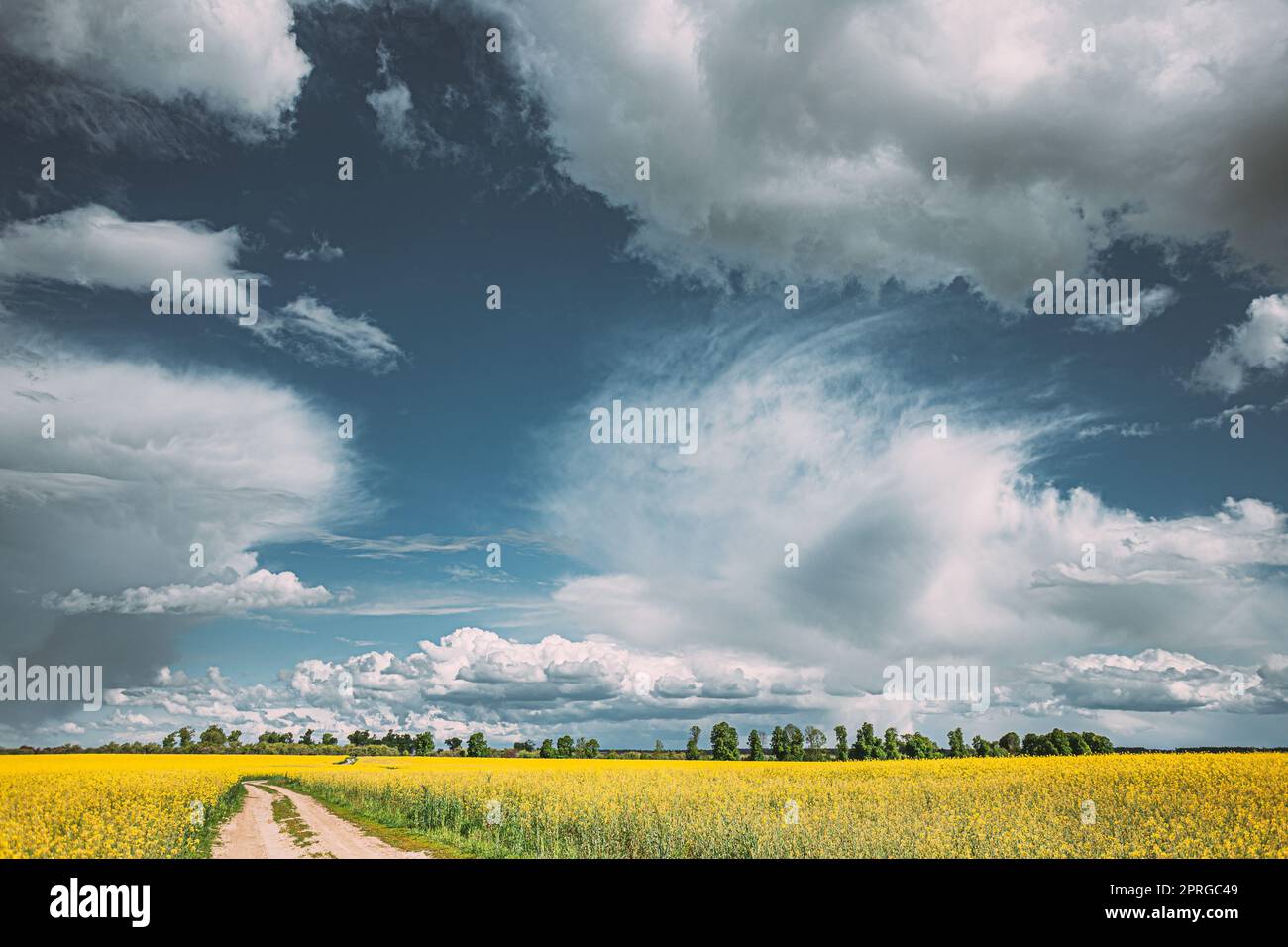Dramatic Rain Sky With Rain Clouds On Horizon Above Rural Landscape ...