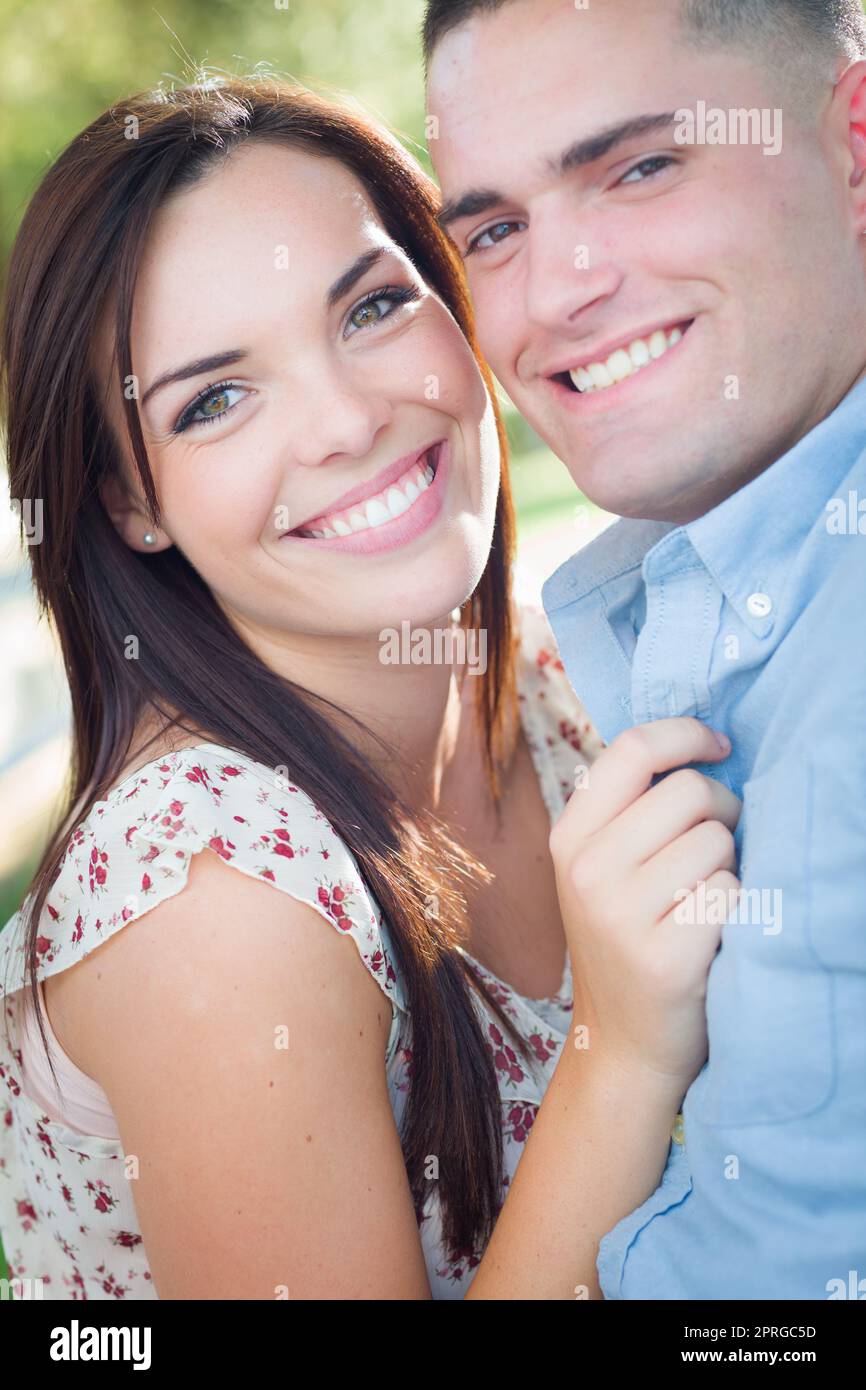 Happy Romantic Caucasian Couple Portrait in the Park Stock Photo - Alamy