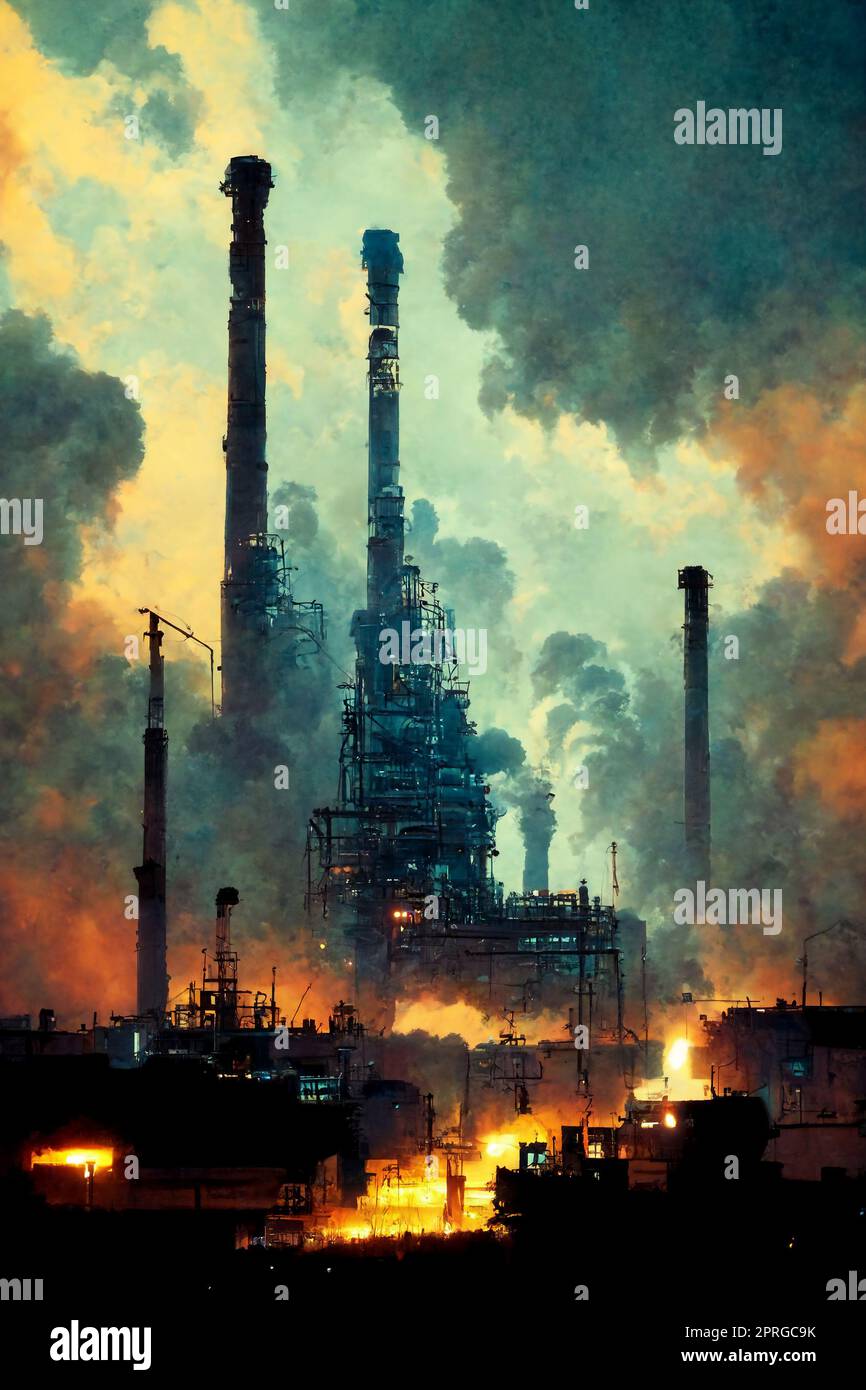 Industrial manufacturing at sunset sky. Pollution with co2 concept ...