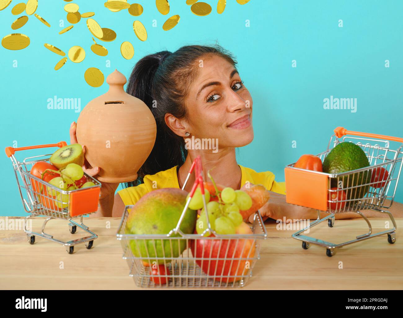 Happy woman made a cheap and healthy shopping of fruit Stock Photo - Alamy