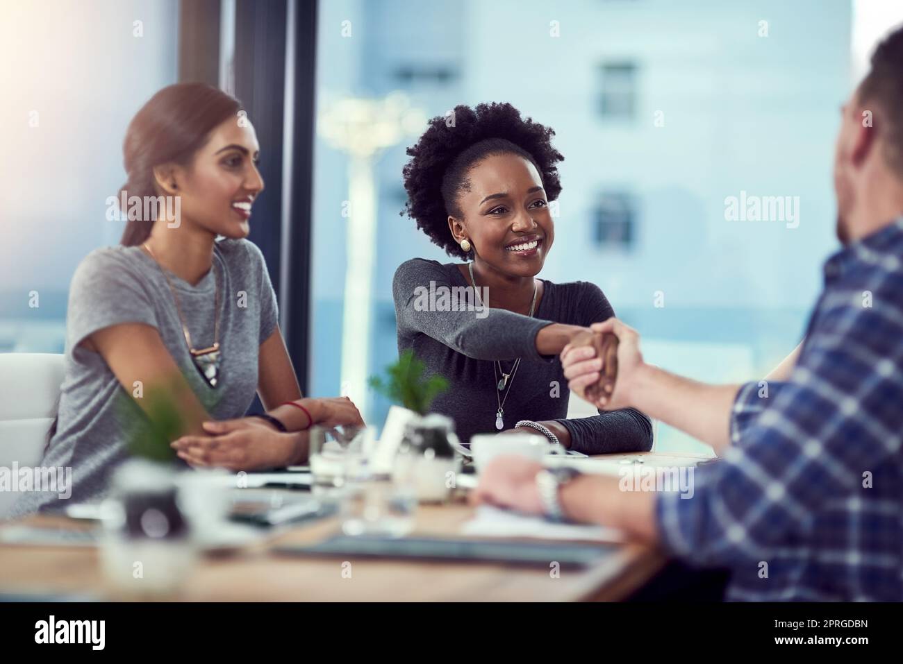 Welcome to the team. two people shaking hands during a meeting Stock ...