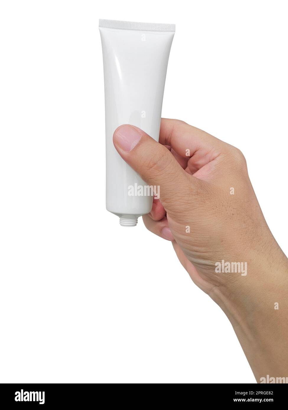 Human hand holding Cosmetic plastic tube isolated on white background ...
