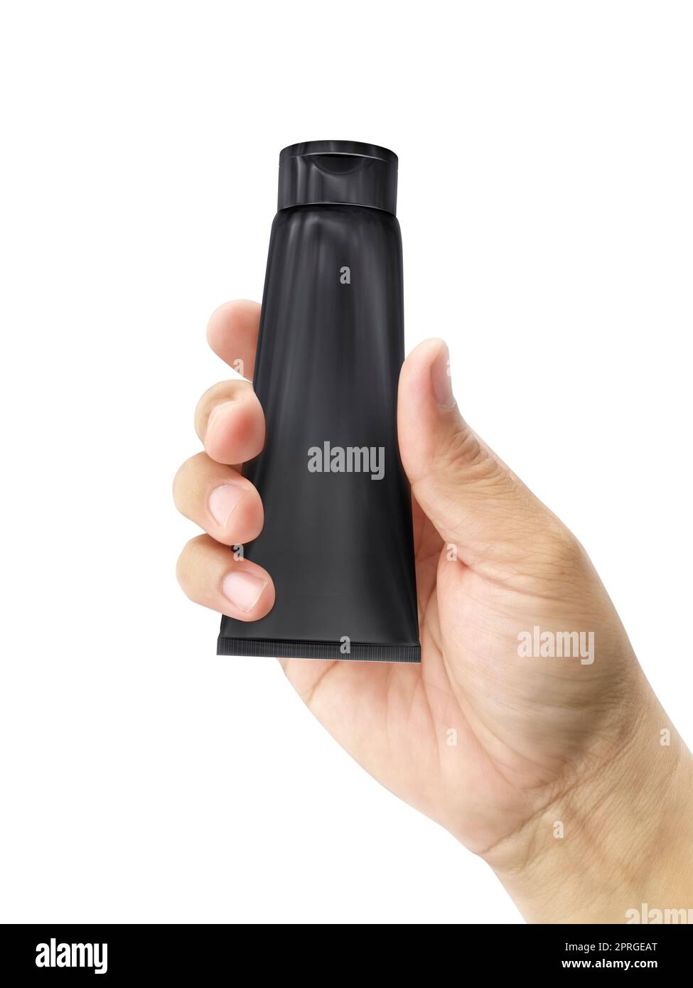 Human hand holding Cosmetic plastic tube isolated on white background ...