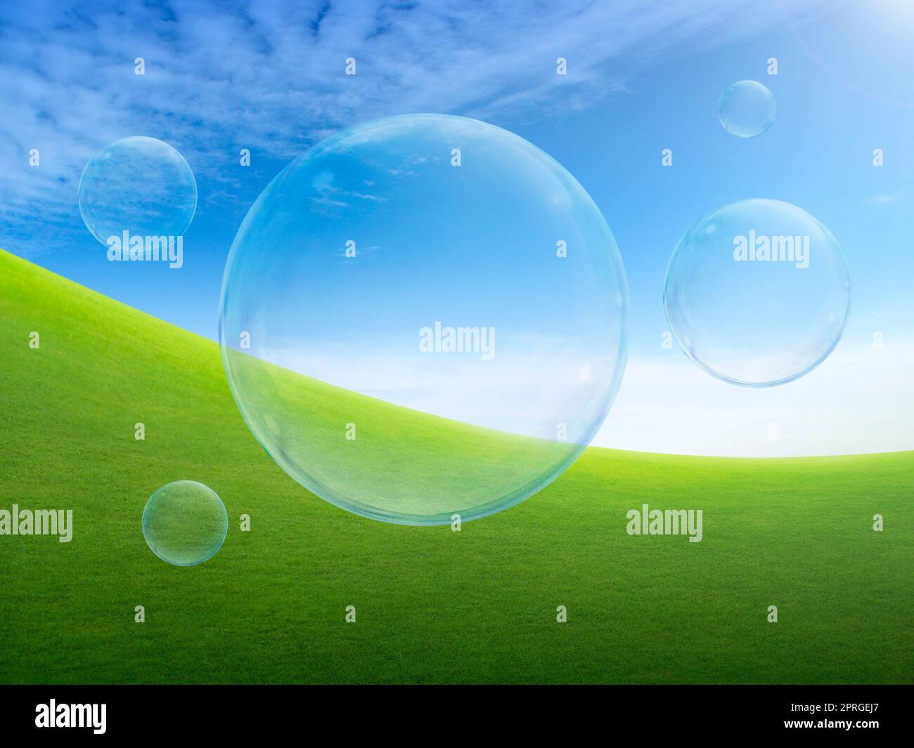 Soap bubbles bright sun and sky realistic background Stock Photo - Alamy