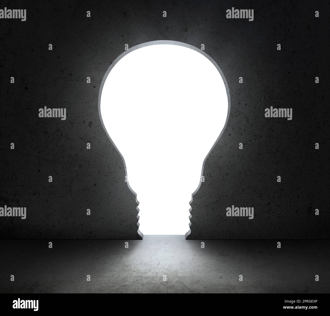 front of bright big light bulb shining door in a concrete wall Stock ...