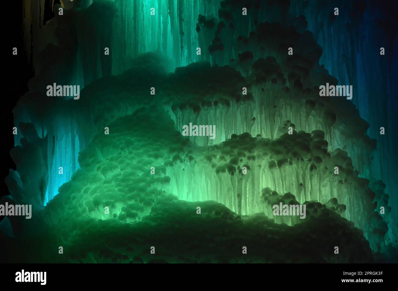 Huge ice icicles. Fragment of large blocks of ice frozen waterfall of ...