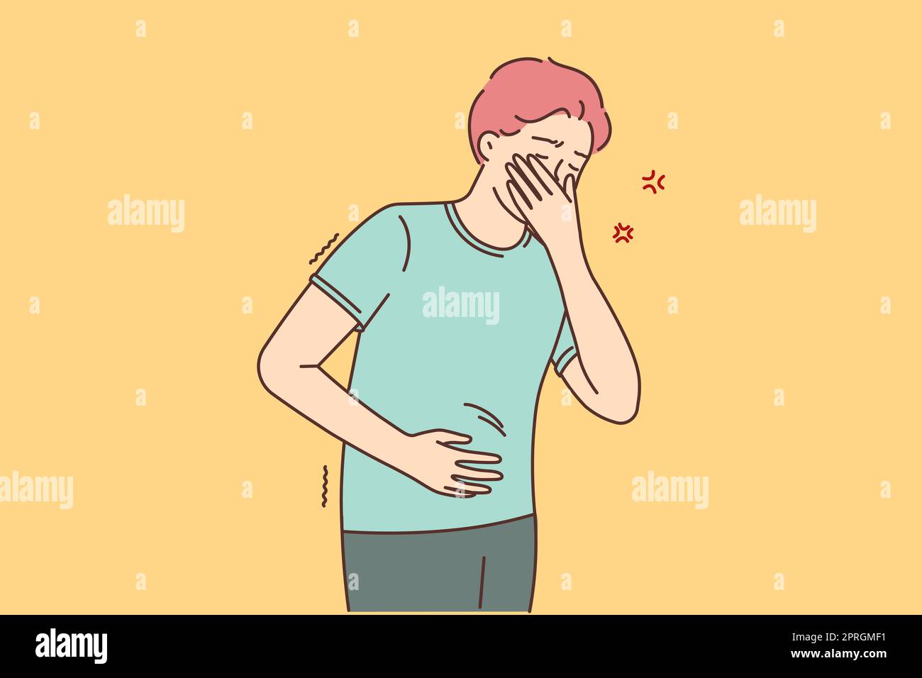 Sick man touching belly suffering from food poisoning. Unhealthy guy ...