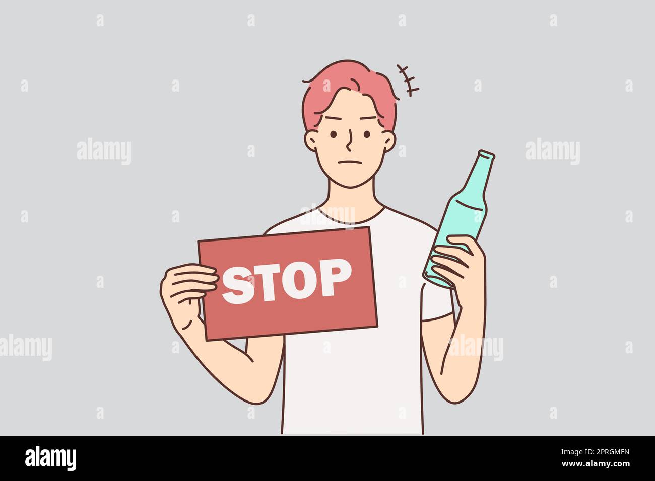 Young man hold bottle and warning sign protest against alcohol ...
