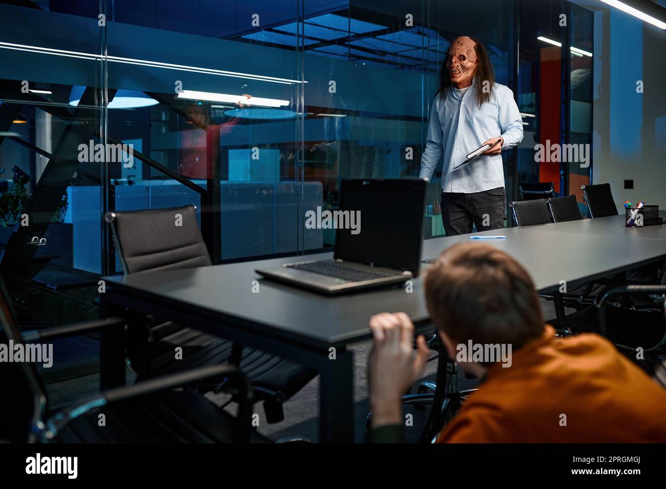 Monster corporate. Zombie boss entering night boardroom and scary man ...