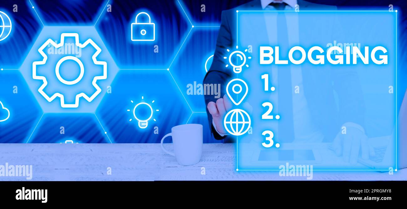 Hand writing sign Blogging, Business showcase contains online personal ...