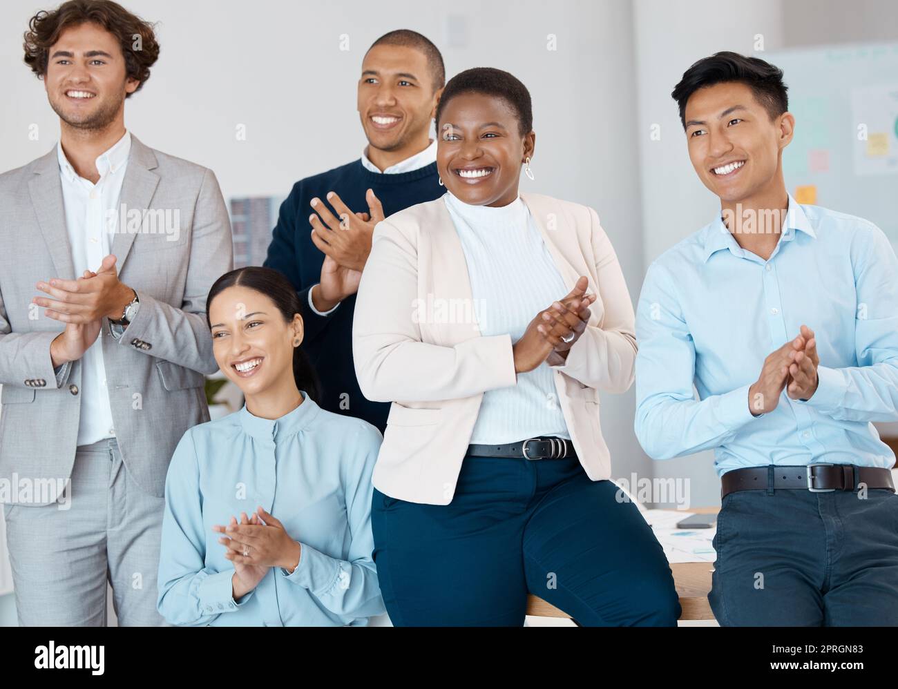 Team, applause and business people, collaboration and diversity ...