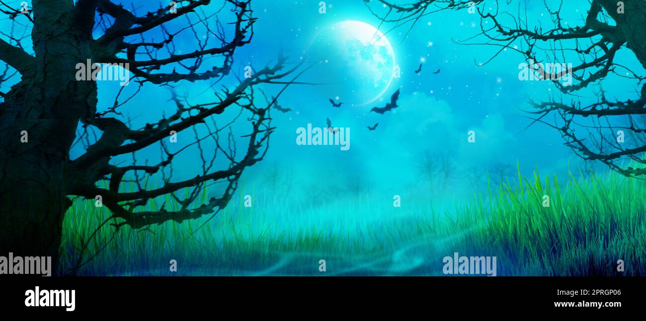 Horror background with full moon in the darkness Stock Photo - Alamy