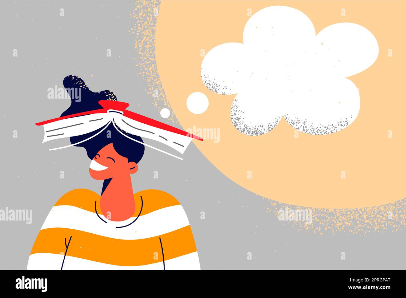Happy girl with book on head visualizing and daydreaming. Smiling ...