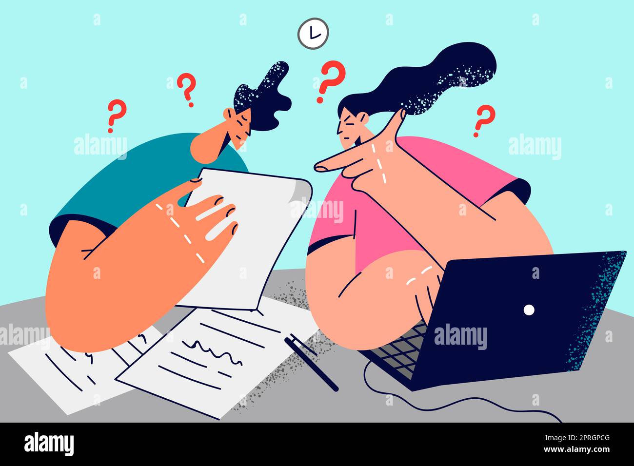 Confused couple manage document pay bills online on computer ...