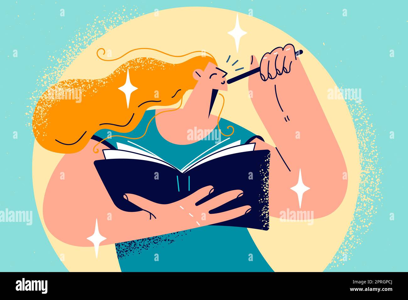 Young woman thinking writing in notebook. Happy female lost in thoughts ...