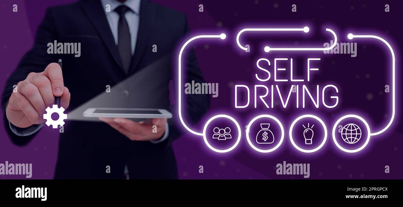 Sign Displaying Self Driving Conceptual Photo Autonomous Vehicle Ability To Navigate Without