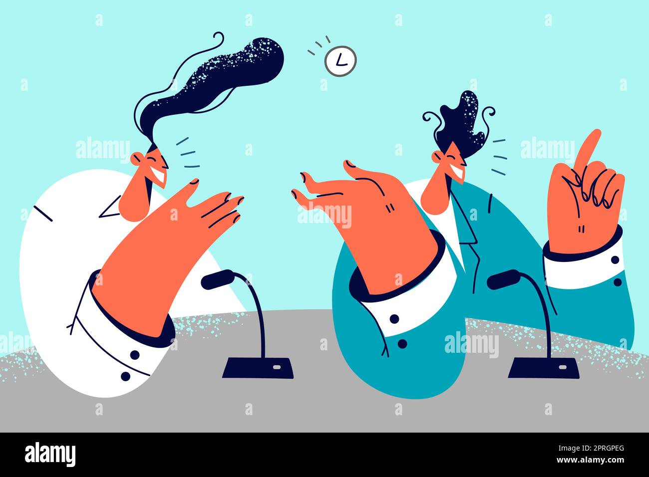 Happy businesspeople talking at business meeting in microphones ...