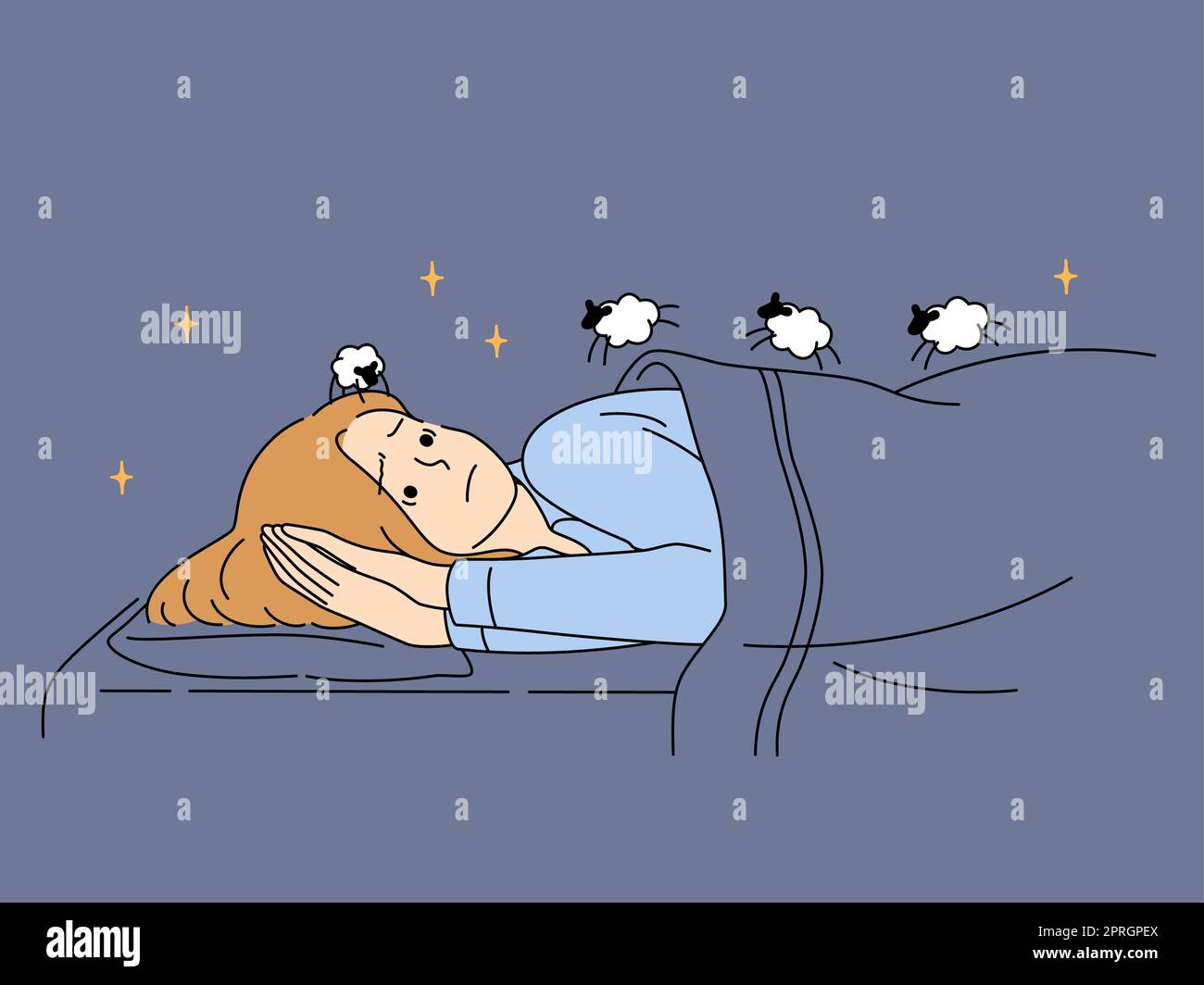 Unhappy woman lying in bed counting sheep suffer from insomnia ...