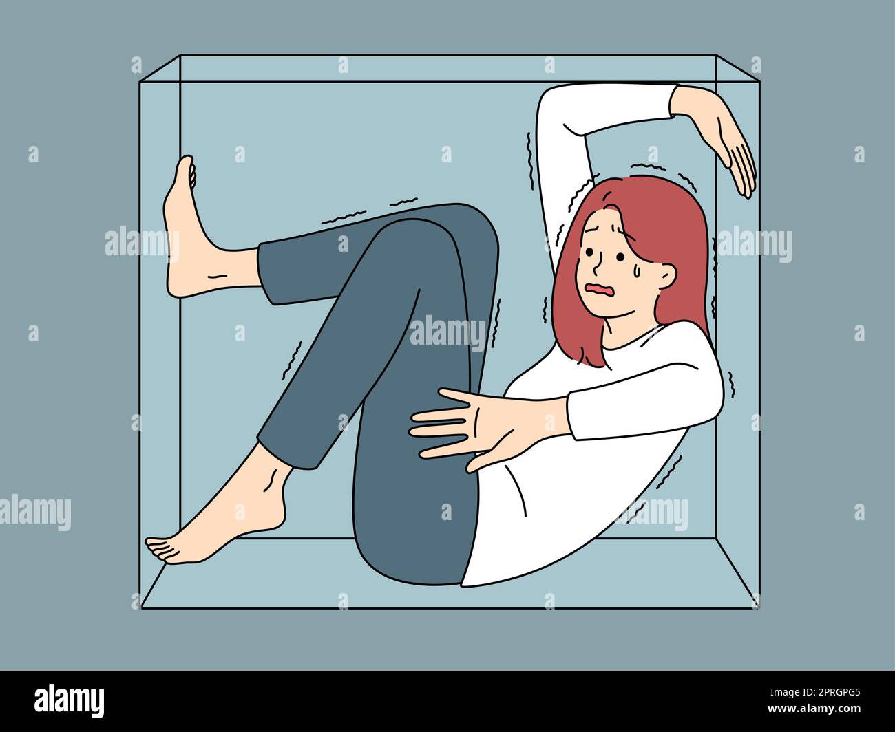 Stressed young woman sit in box scared of closed space. Unhappy ...