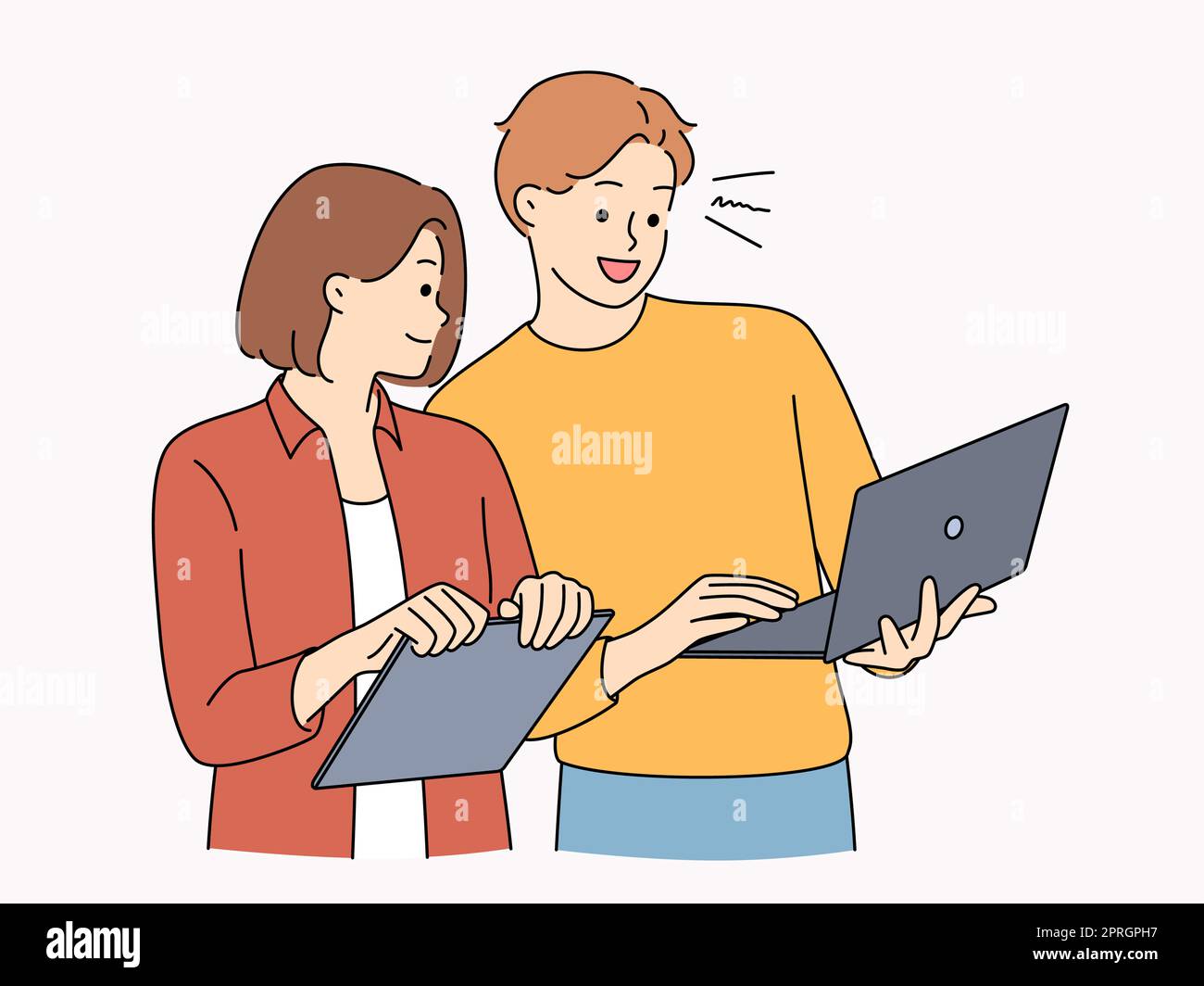 Smiling businesspeople with laptop brainstorm work together on gadget ...