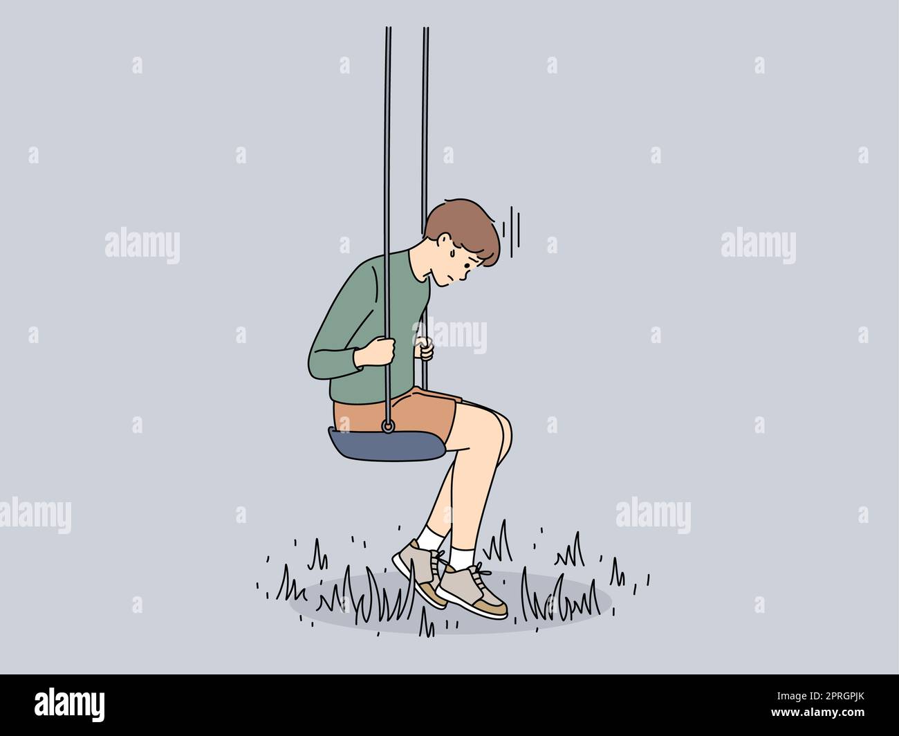 Sad small boy sit on swing suffer from loneliness or solitude. Unhappy ...