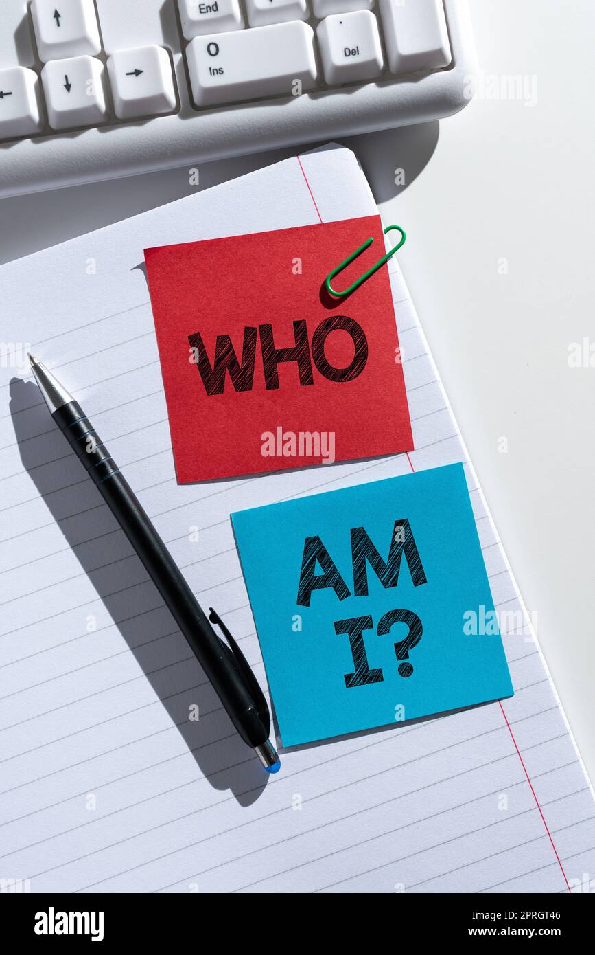 Hand writing sign Who Am I. Business approach Introduce Identify ...