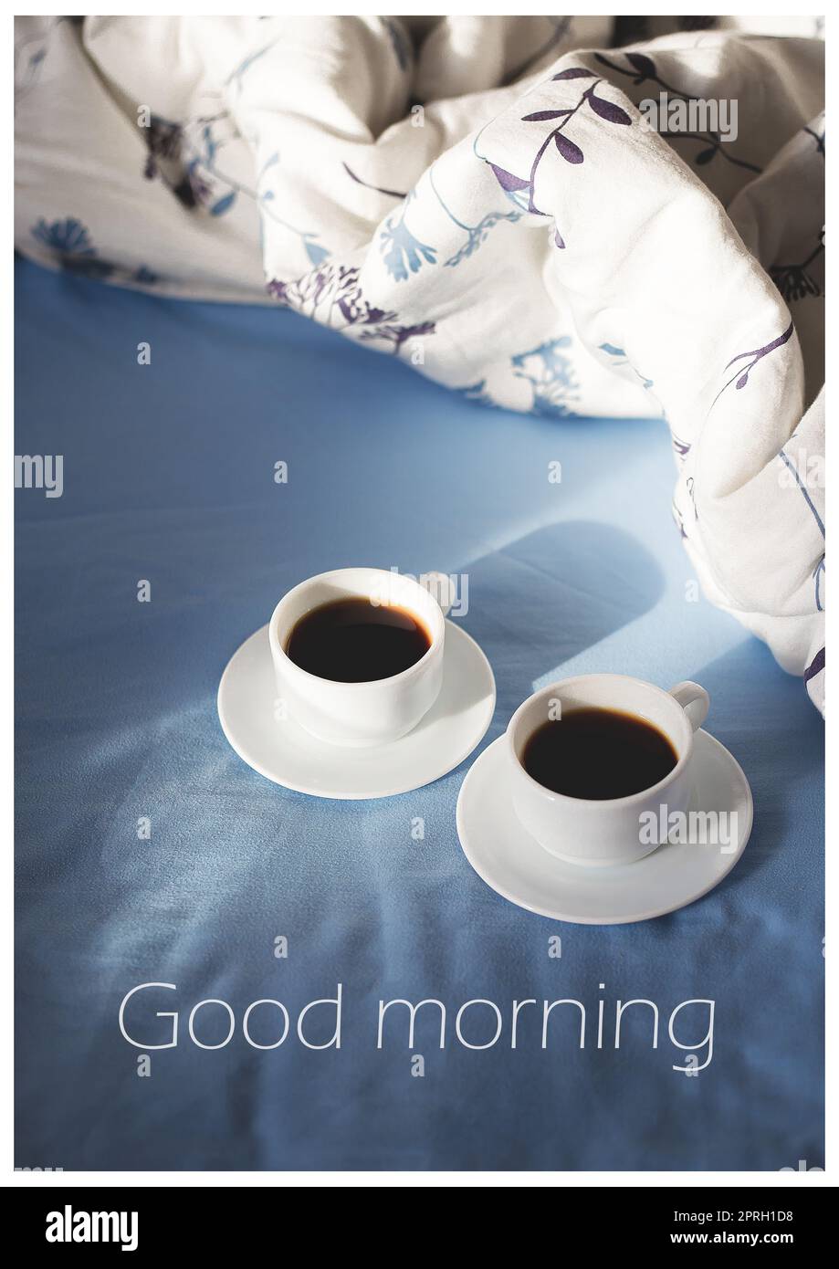 two cups of coffee are in bed, writing good morning Stock Photo - Alamy