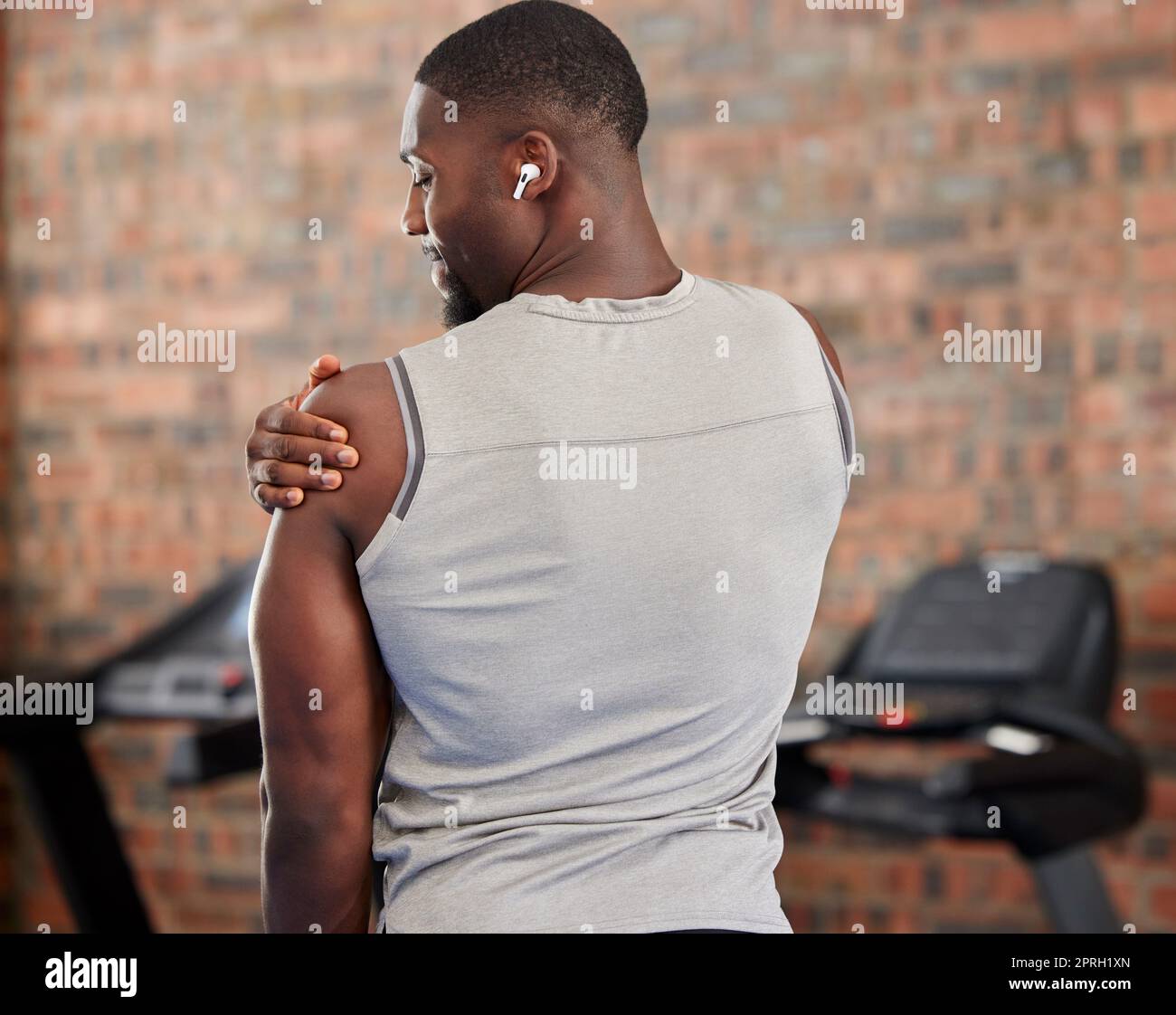 Black man, arm pain and injury from sports in gym after exercise ...