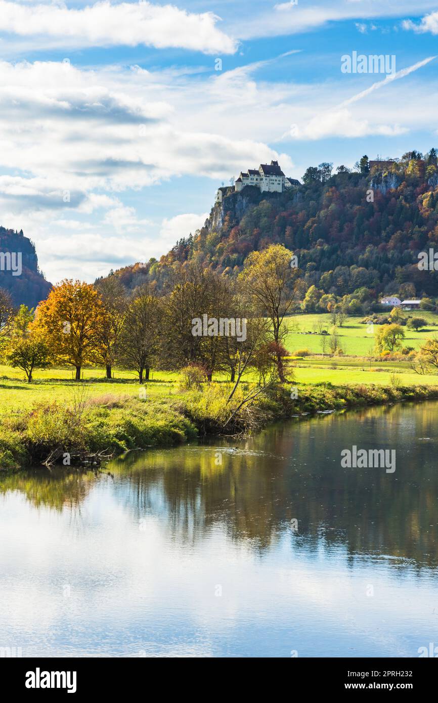 Danube River and Werenwag Castle in autumn, Upper Danube Nature Park ...
