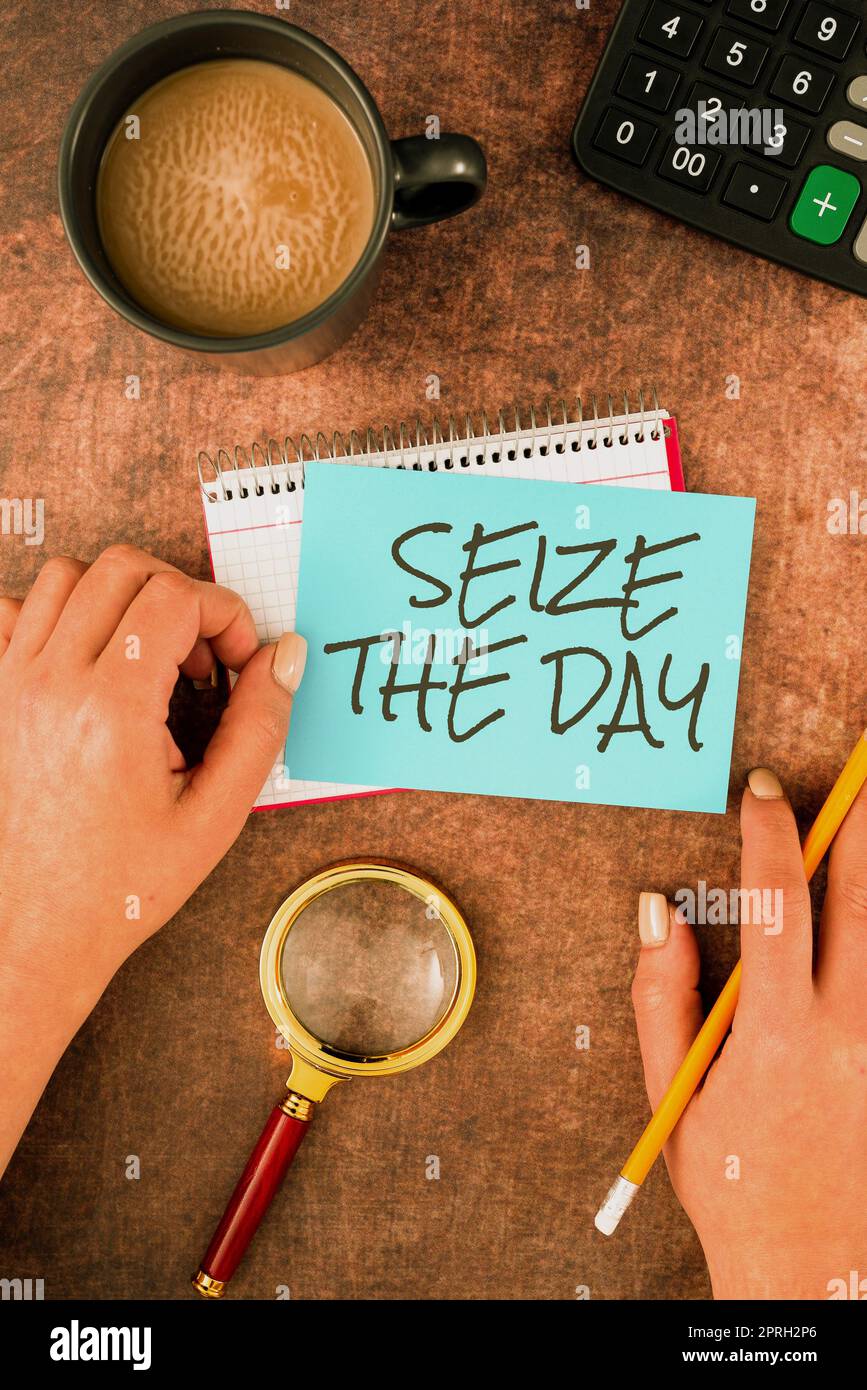 Sign displaying Seize The Day. Business approach Embrace opportunities ...