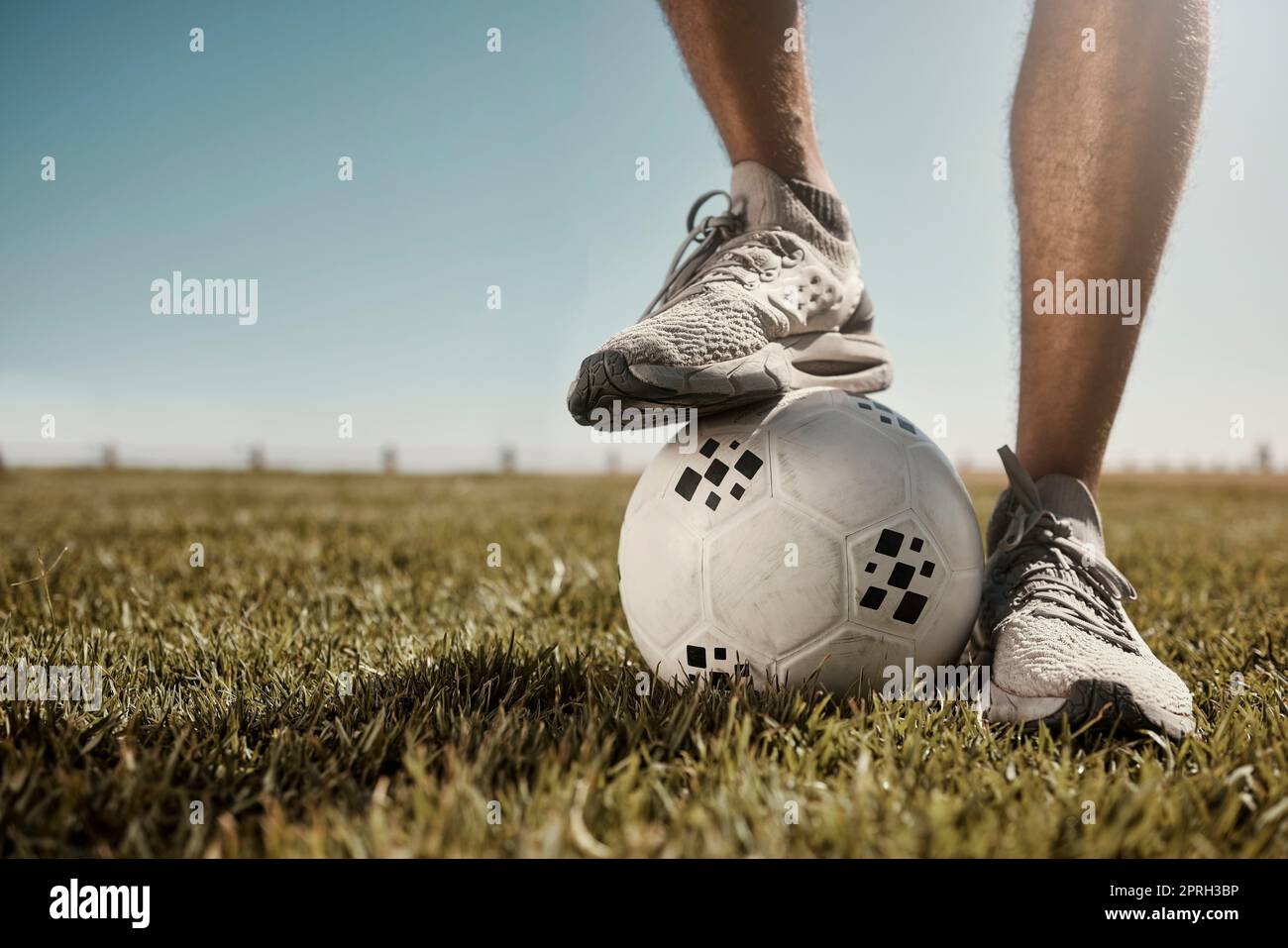 Soccer, ball and shoes in sport motivation on grass for training ...