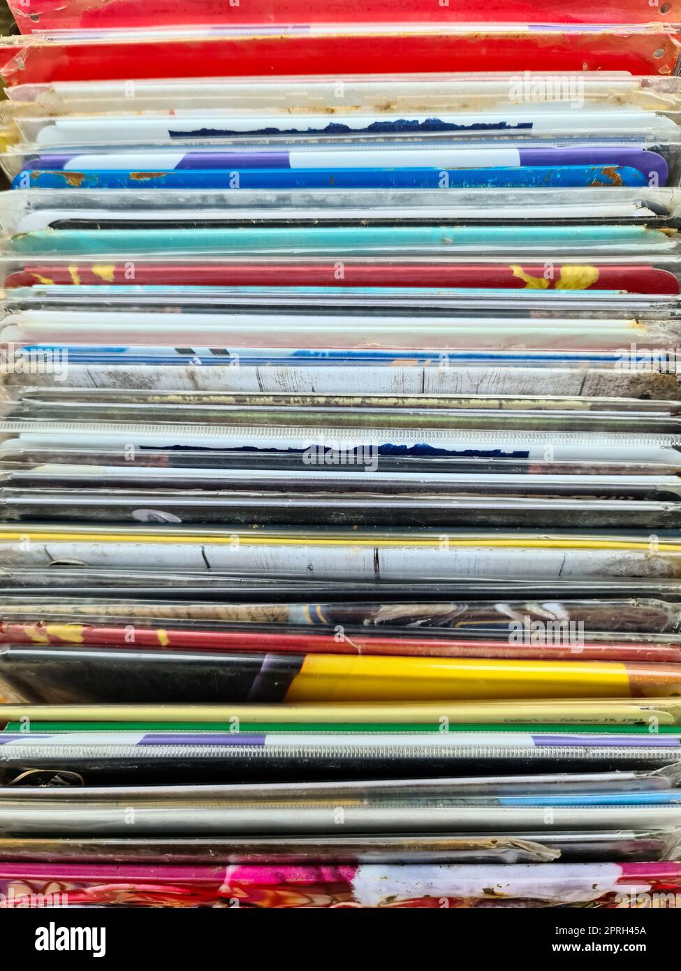 Numerous vintage signs and vinyl records in a box seen from above Stock ...