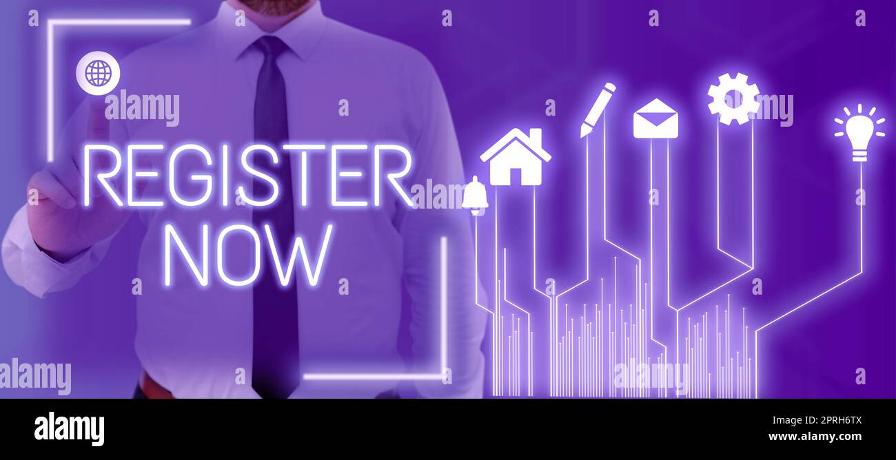 Text caption presenting Register Now, Word for Name in an Official List ...