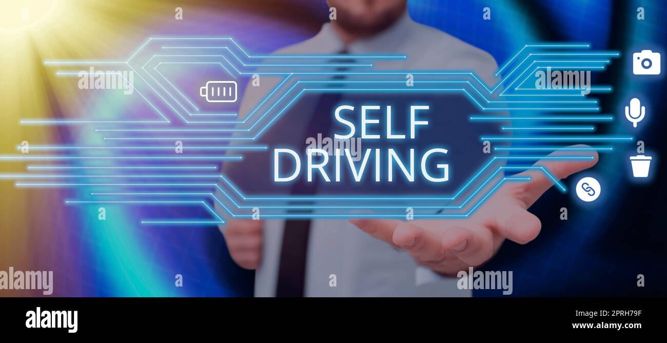 Sign displaying Self Driving, Word Written on Autonomous vehicle ...