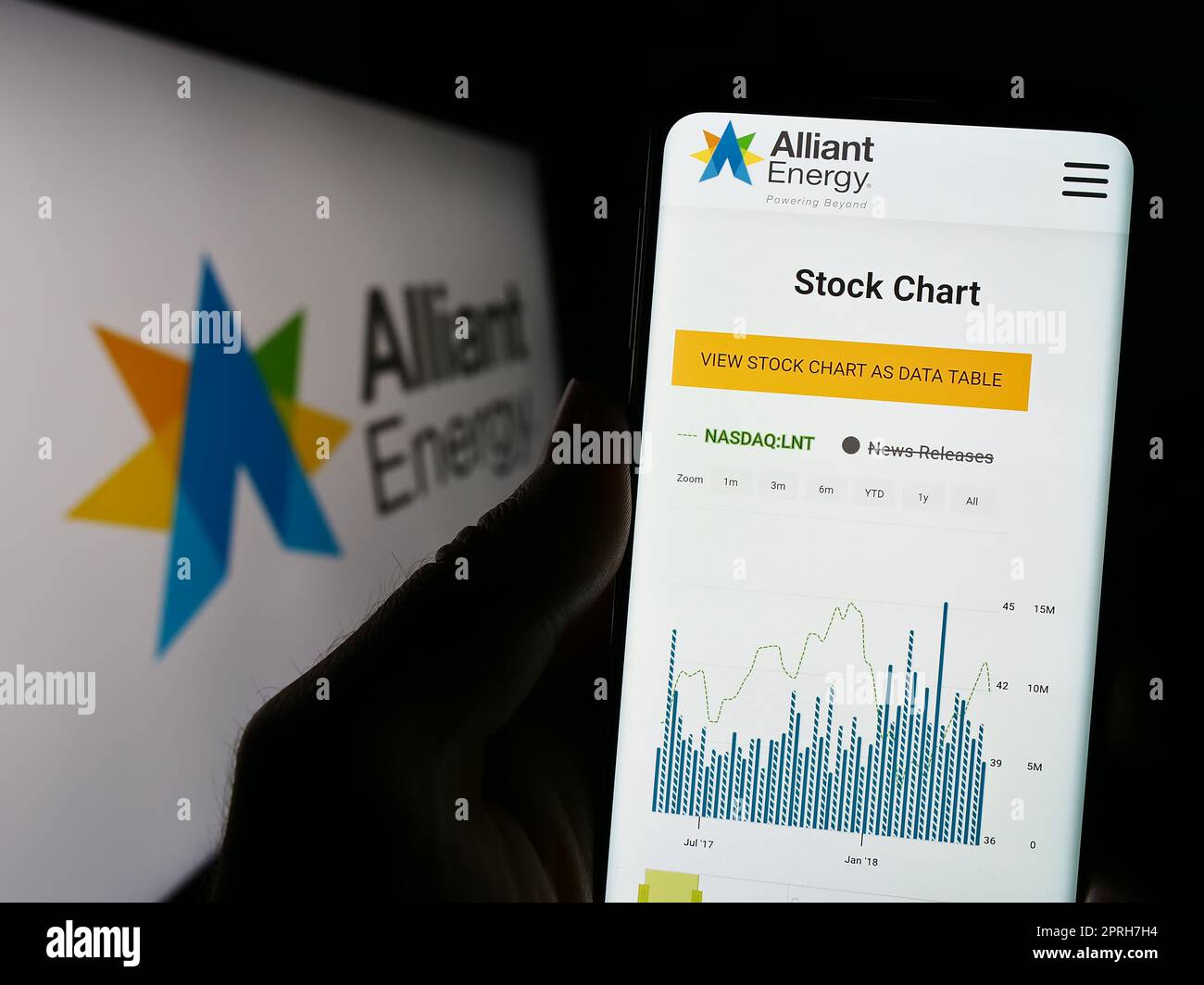 Person holding cellphone with webpage of US company Alliant Energy ...