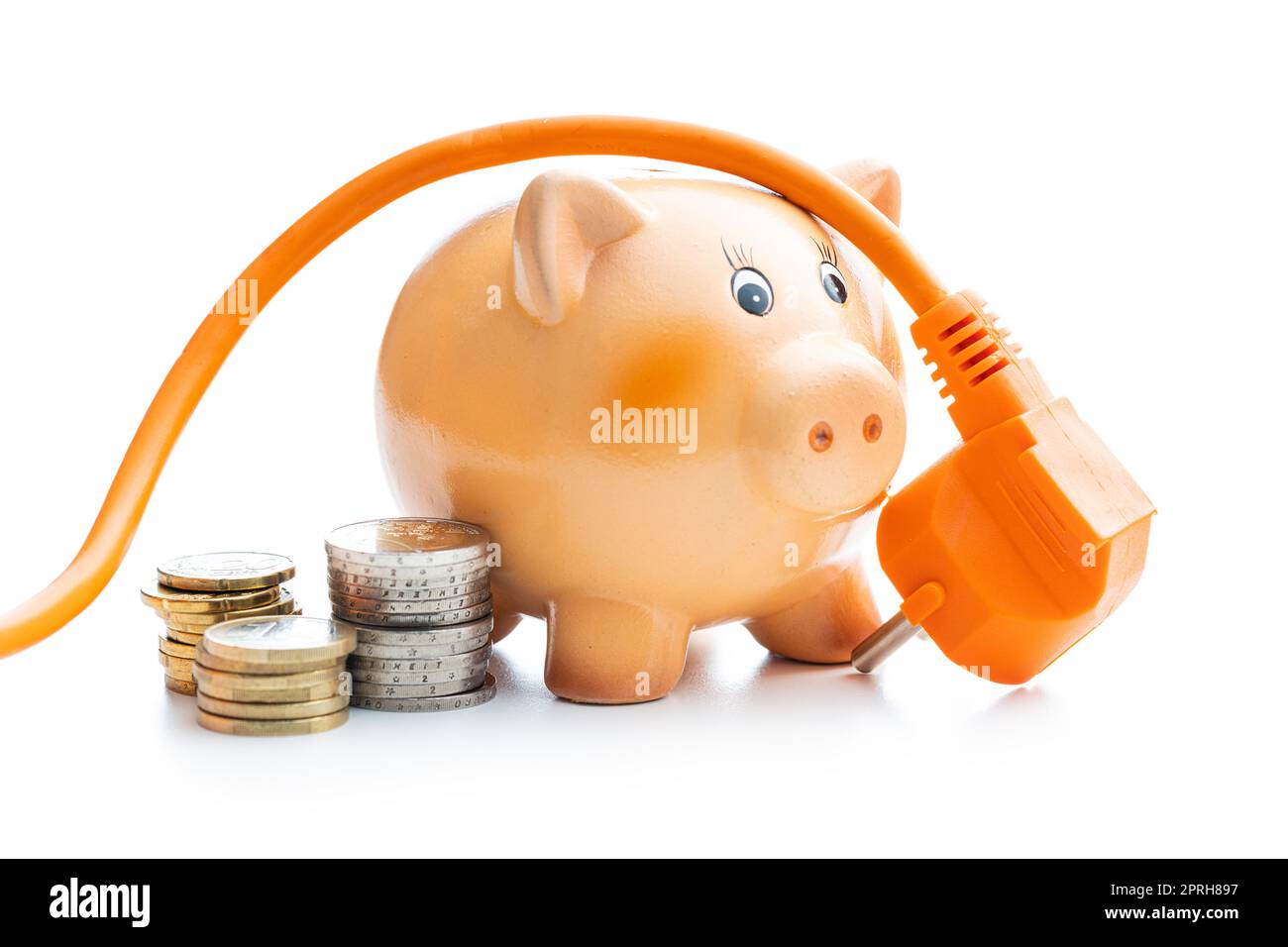 Orange extension Power Cord and piggy bank isolated on white background ...