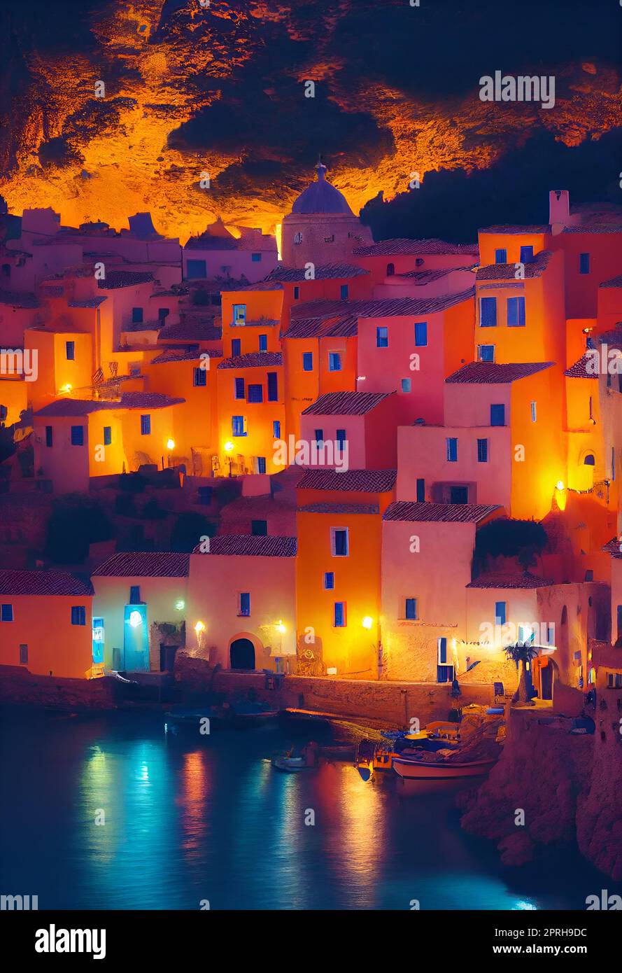 Night cityscape view on coast line of mediterranean sea. 3D ...