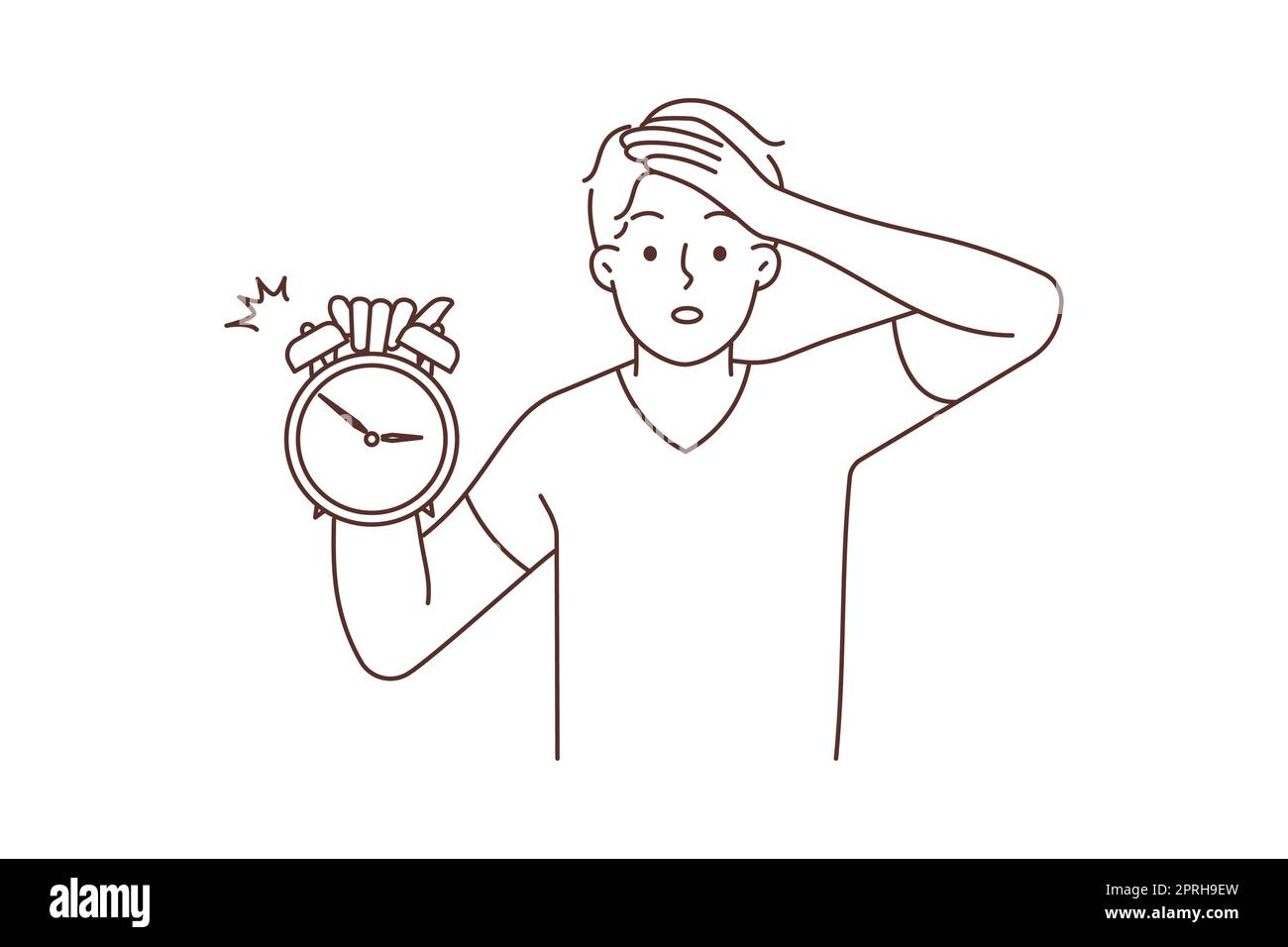 Frustrated young man hold clock show hour worried about missed deadline ...