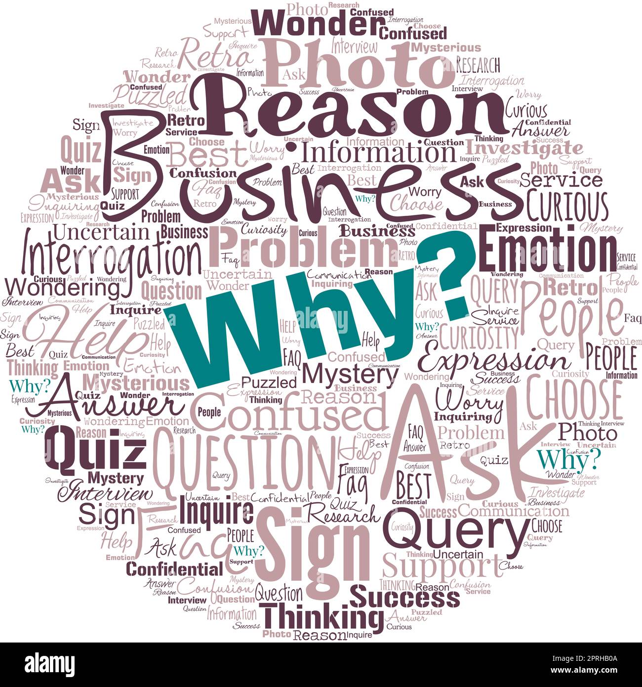 Big word cloud in the shape of circle with word why Stock Photo - Alamy