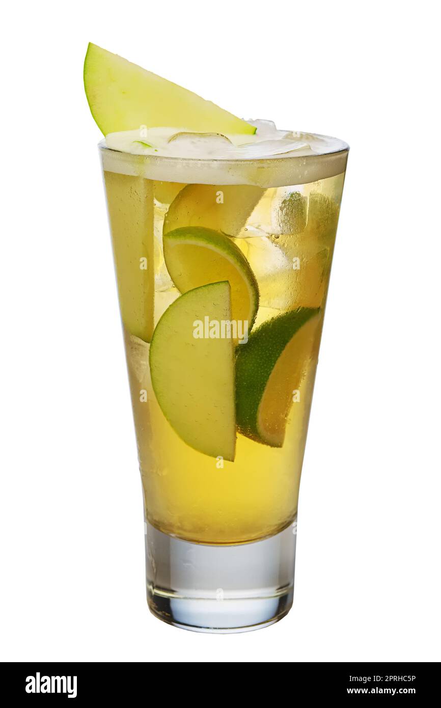 Apple cocktail with beer, lime and ice cubes in highball glass isolated on white Stock Photo - Alamy
