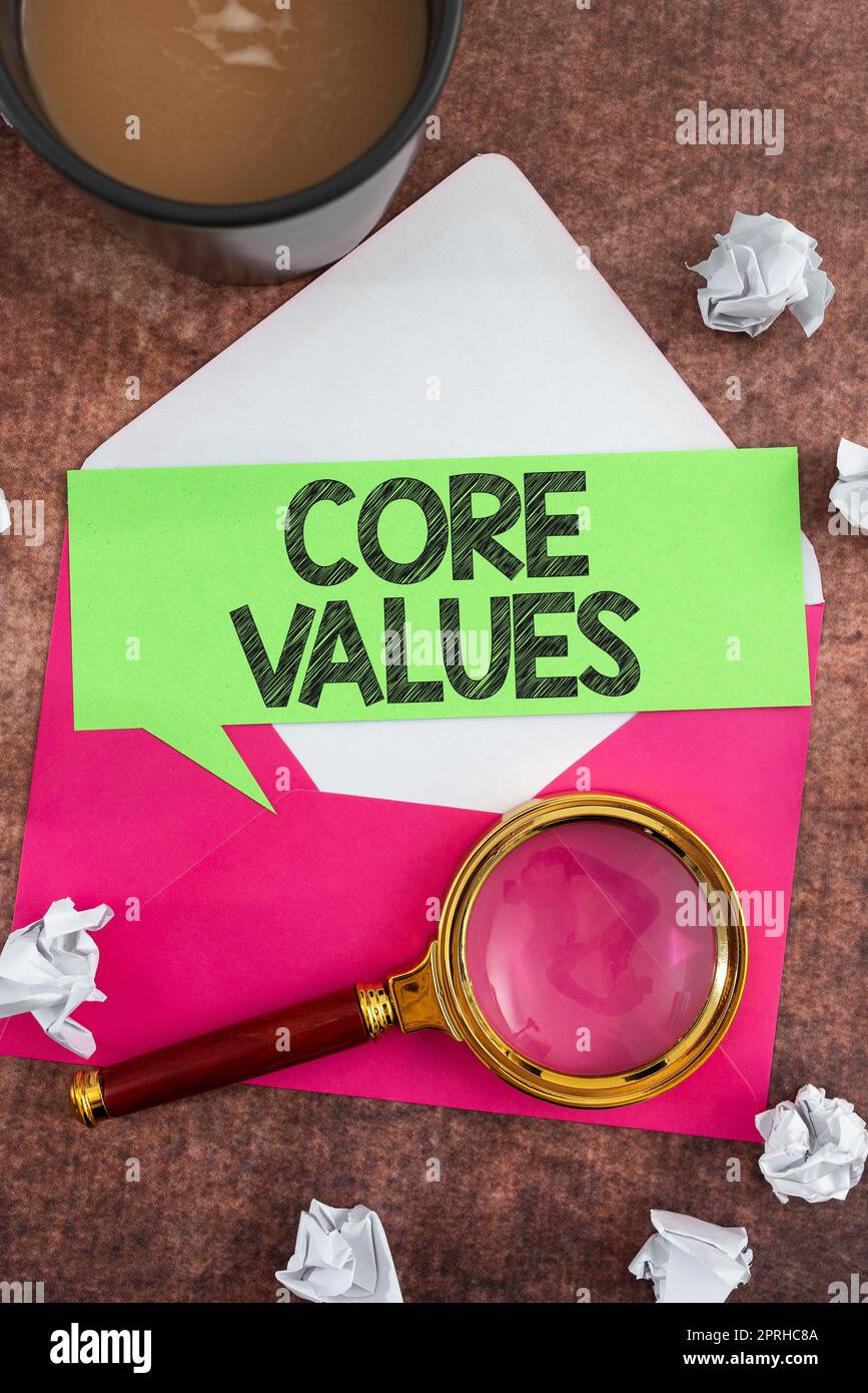 Text showing inspiration Core Values, Business showcase belief person ...