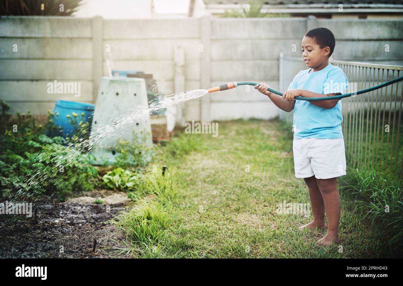 Hell grow up with a passion for plants. a little boy using a hose pipe ...